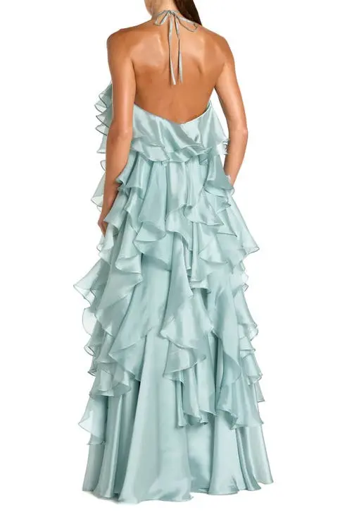 Mac Duggal Organza Halter Neck Open Back Ruffle Gown