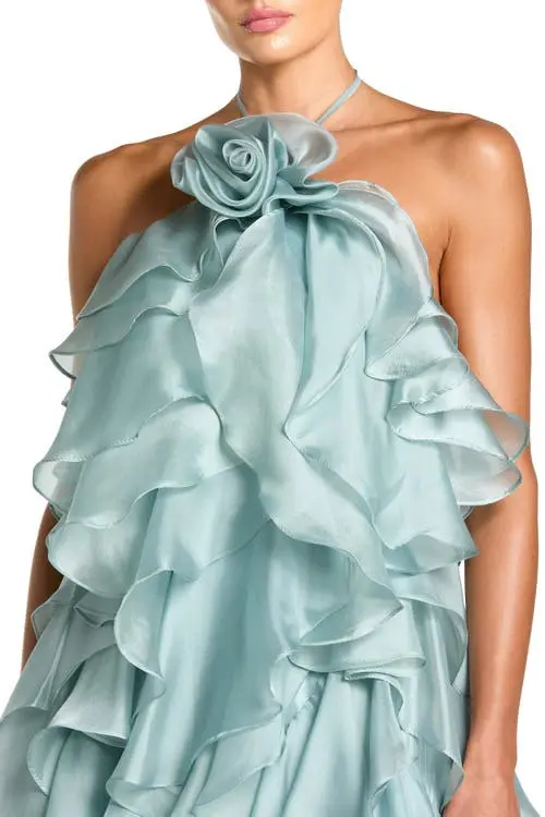 Mac Duggal Organza Halter Neck Open Back Ruffle Gown