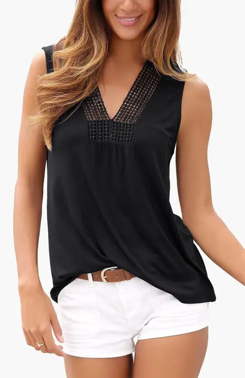 LASCANA V-neck Tank Top With Crochet Inserts - Black