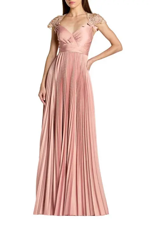 Mac Duggal Pleated Charmeuse Embellished Cap Sleeve Gown - Rose