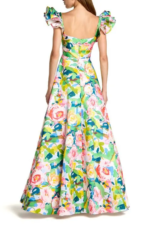 Mac Duggal Printed Mikado V-neck Ballgown With Ruffle Sleeves