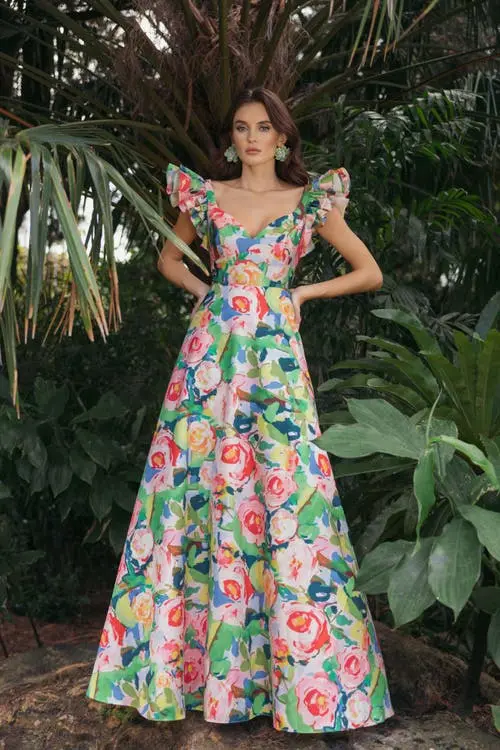 Mac Duggal Printed Mikado V-neck Ballgown With Ruffle Sleeves