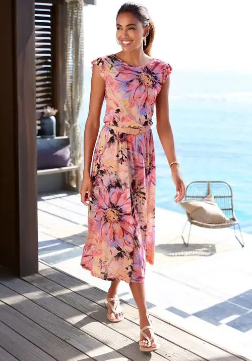 LASCANA Flutter Sleeve Maxi Dress - Pink-printed