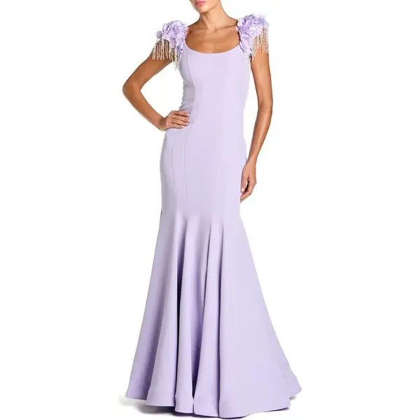 Mac Duggal Scoop Neck Mermaid Gown With Embellished Sleeves - Lilac