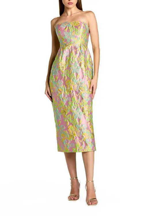 Mac Duggal Strapless Floral Brocade Midi Dress - Blush Multi