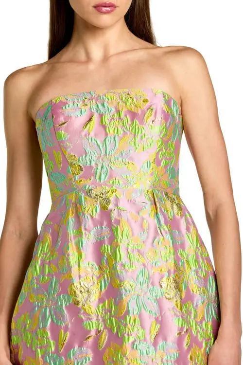 Mac Duggal Strapless Floral Brocade Midi Dress - Blush Multi