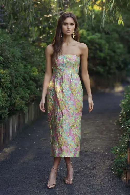 Mac Duggal Strapless Floral Brocade Midi Dress - Blush Multi