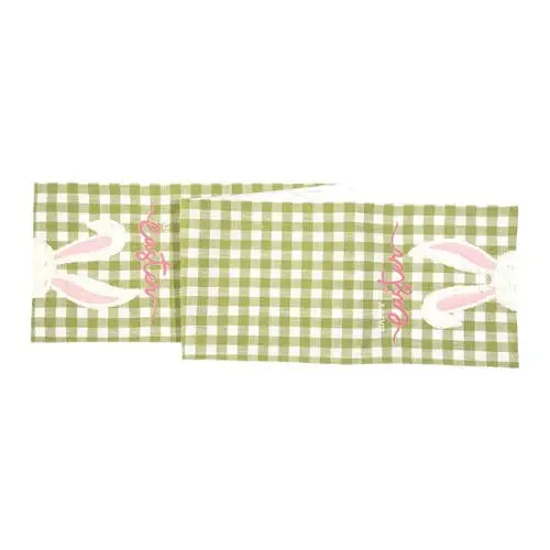 C&F HOME Easter Bunny Rabbit Ears Plaid 100% Cotton Table Runner 13" X 72" - Green