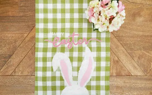 C&F HOME Easter Bunny Rabbit Ears Plaid 100% Cotton Table Runner 13" X 72"