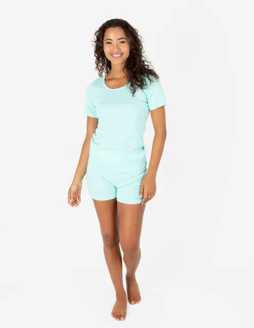 LEVERET Short Cotton Solid Pajama Set - Aqua