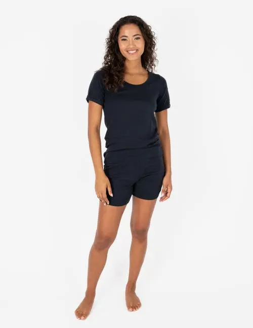 LEVERET Short Cotton Solid Pajama Set - Navy