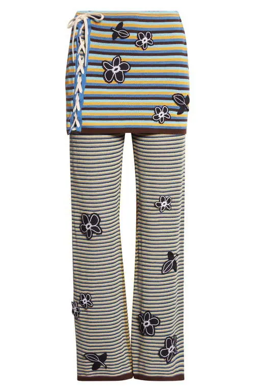 YANYAN Romy Stripe & Flower Lace-up Cotton-blend Skirted Pants - Blue Multi