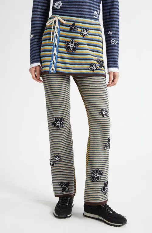 YANYAN Romy Stripe & Flower Lace-up Cotton-blend Skirted Pants - Blue Multi