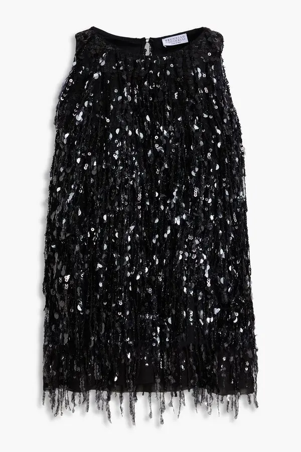 Brunello Cucinelli Fringed Sequin-embellished Silk-organza Top