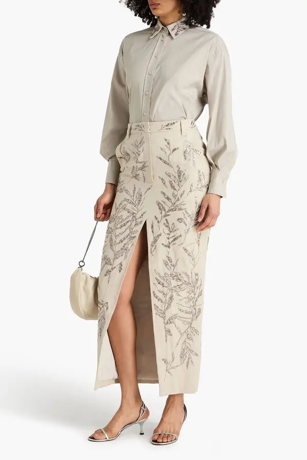 Brunello Cucinelli Embellished Cotton-blend Poplin Shirt - Beige