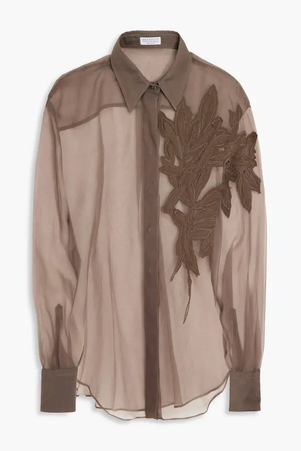 Brunello Cucinelli Appliquéd Silk-organza Shirt - Brown