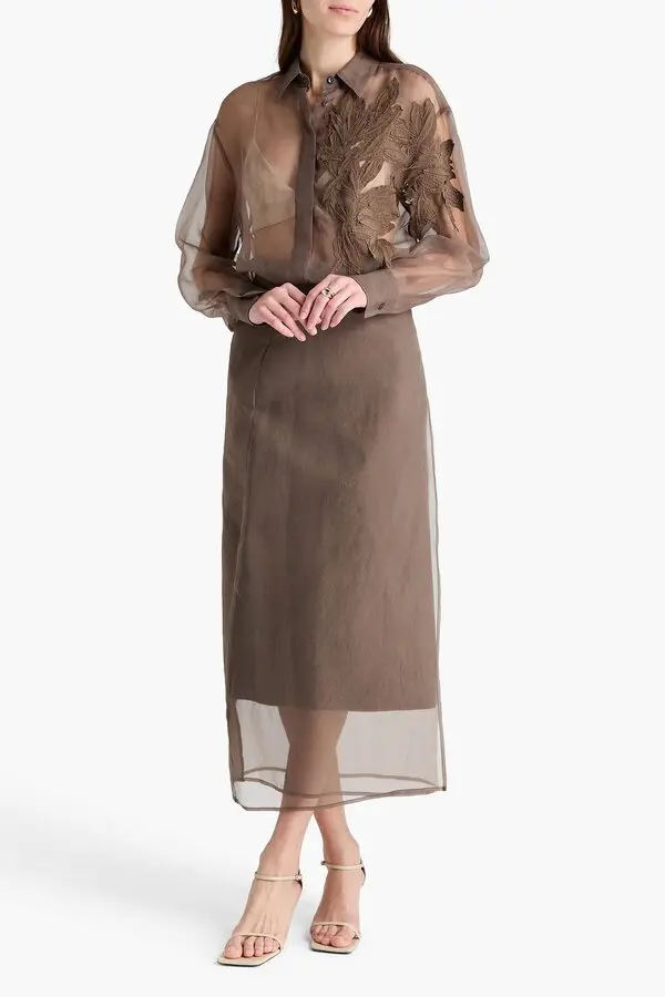 Brunello Cucinelli Appliquéd Silk-organza Shirt - Brown