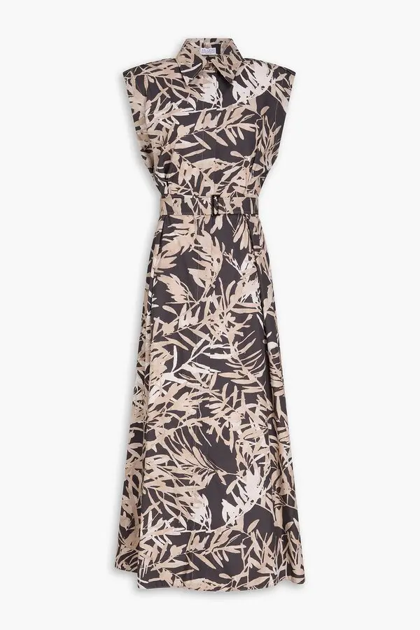 Brunello Cucinelli Belted Printed Cotton-poplin Midi Shirt Dress