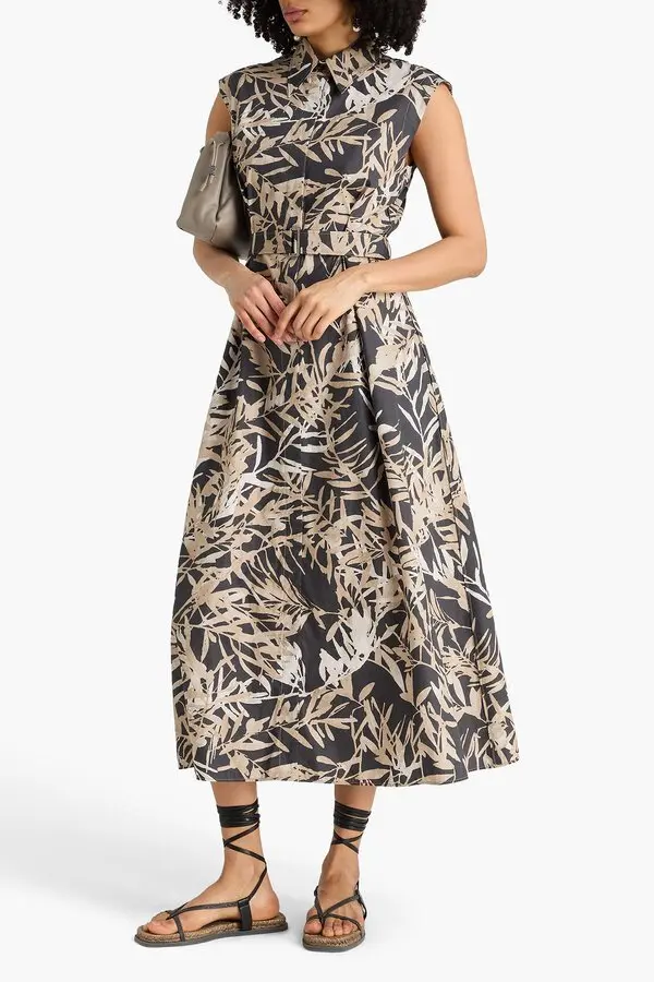 Brunello Cucinelli Belted Printed Cotton-poplin Midi Shirt Dress