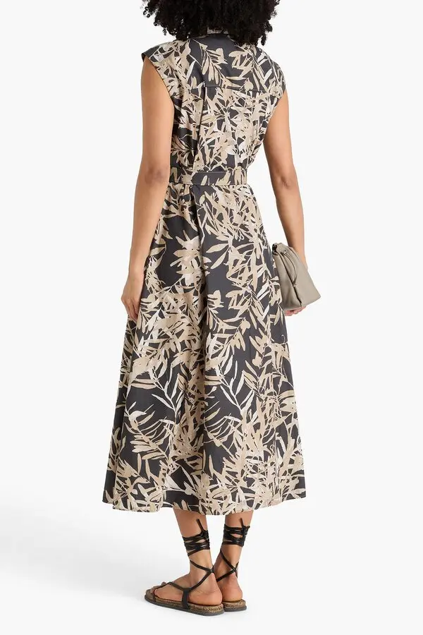 Brunello Cucinelli Belted Printed Cotton-poplin Midi Shirt Dress