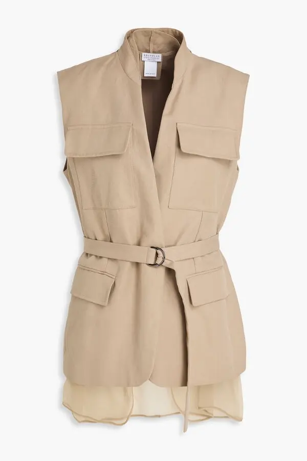 Brunello Cucinelli Belted Cotton And Linen-blend Twill Vest - Beige