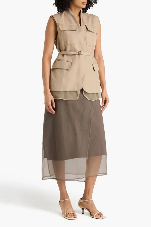 Brunello Cucinelli Belted Cotton And Linen-blend Twill Vest - Beige