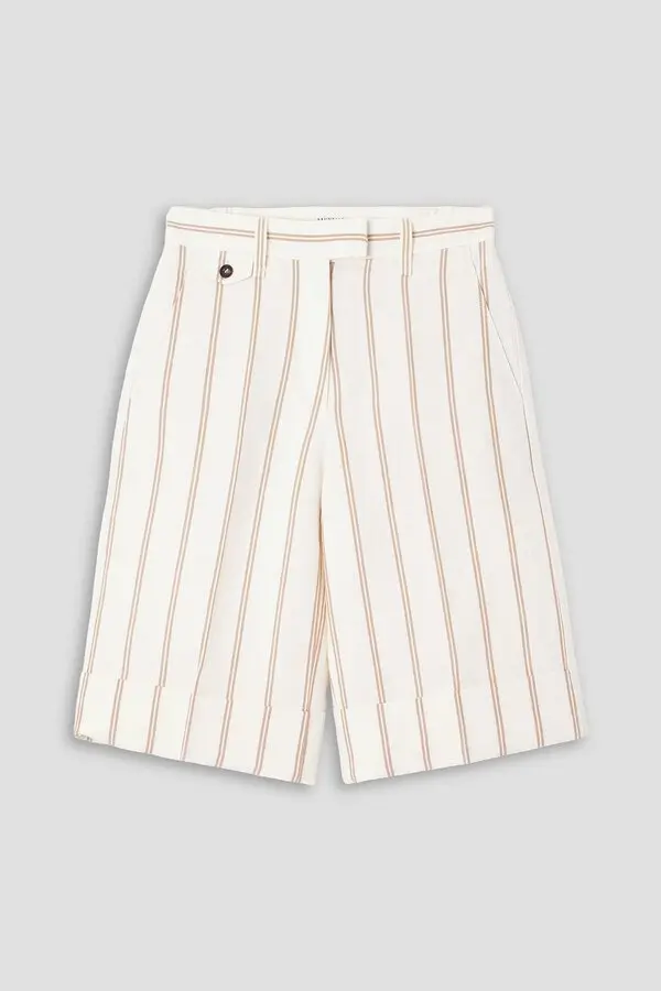 Brunello Cucinelli Pinstriped Linen And Cotton-blend High-rise Tailored Shorts - Ivory