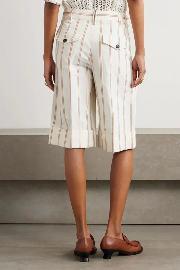 Brunello Cucinelli Pinstriped Linen And Cotton-blend High-rise Tailored Shorts