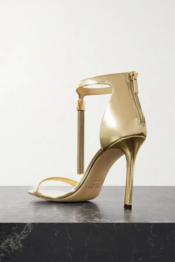 JIMMY CHOO Vinca 95 Fringed Mirrored-leather Sandals
