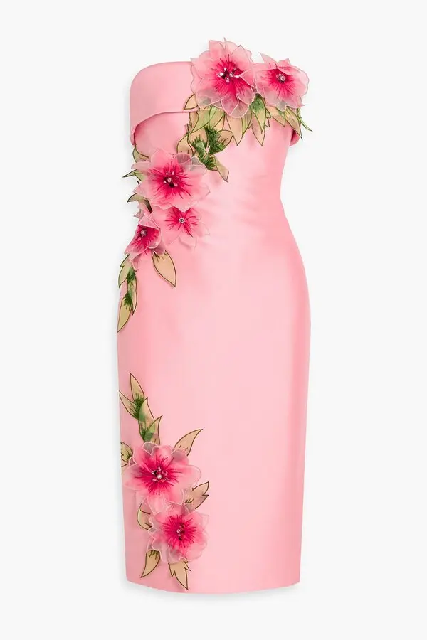Badgley Mischka Strapless Floral-appliquéd Satin-twill Dress