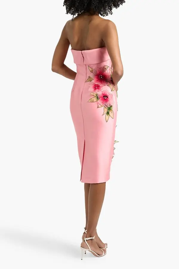 Badgley Mischka Strapless Floral-appliquéd Satin-twill Dress