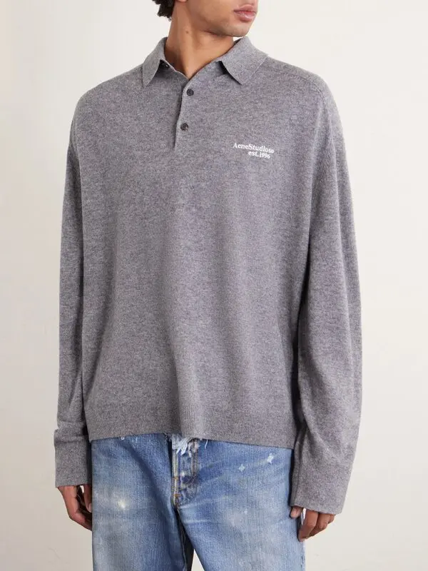 Acne Studios Oversized Logo-embroidered Wool And Yak-blend Polo Sweater - Gray