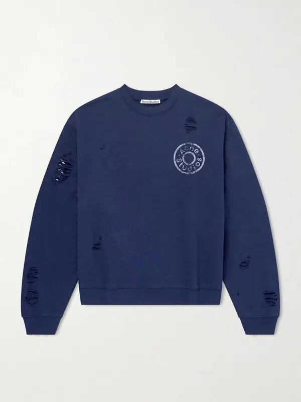 Acne Studios Oversized Distressed Logo Print Cotton Blend Jersey Sweatshirt - Blue