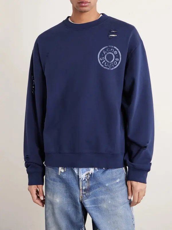 Acne Studios Oversized Distressed Logo Print Cotton Blend Jersey Sweatshirt - Blue