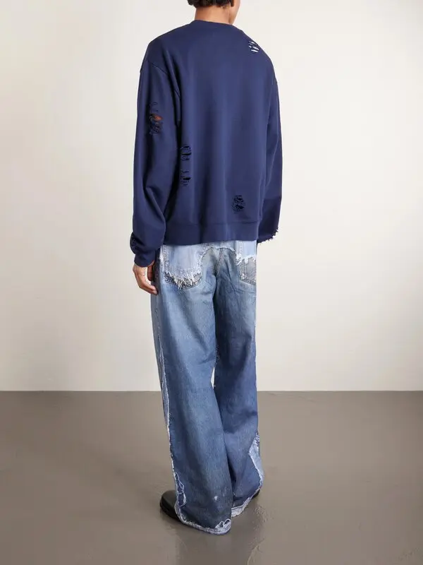 Acne Studios Oversized Distressed Logo Print Cotton Blend Jersey Sweatshirt - Blue