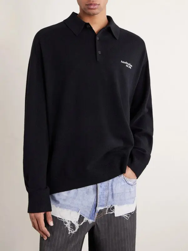 Acne Studios Oversized Logo-embroidered Wool-yak Polo Sweater - Black