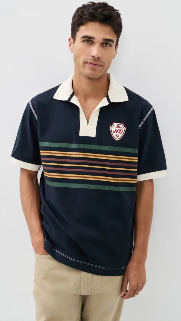 NICHOLAS DALEY Short Sleeve Striped Rugby Polo - Navy