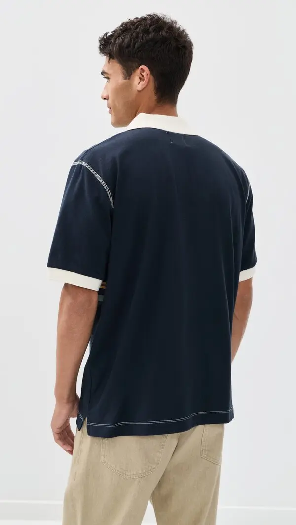 NICHOLAS DALEY Short Sleeve Striped Rugby Polo - Navy
