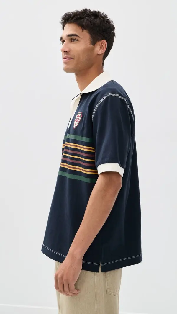 NICHOLAS DALEY Short Sleeve Striped Rugby Polo - Navy