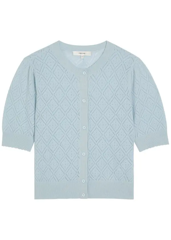 FRAME Pointelle Cashmere Puff Sleeve Cardigan - Light Blue