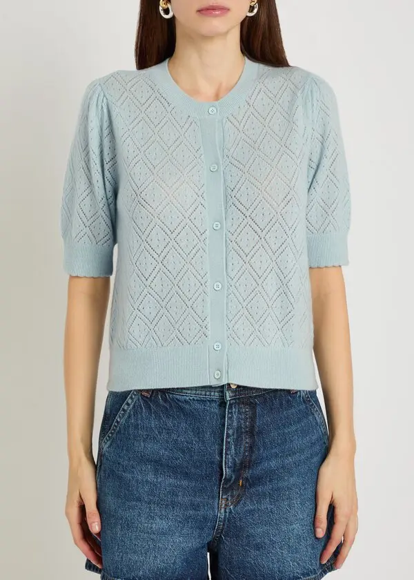 FRAME Pointelle Cashmere Puff Sleeve Cardigan - Light Blue