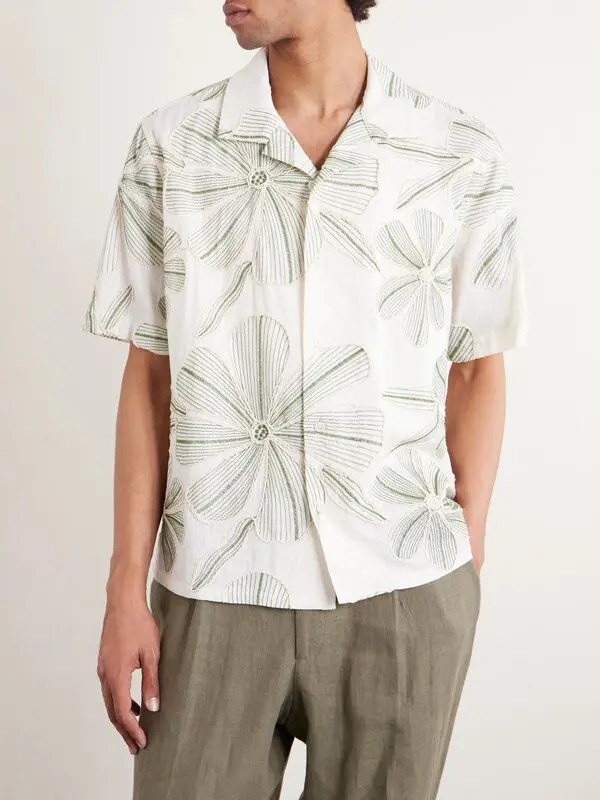 CORRIDOR Camp-collar Floral-appliquéd Poplin Shirt - Green