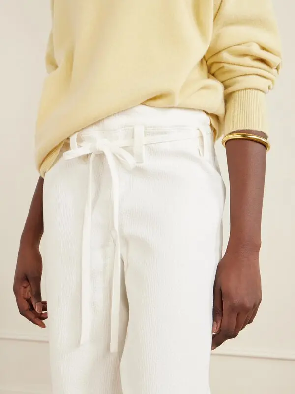 Tory Burch Belted Cotton-jacquard Wide-leg Pants - White