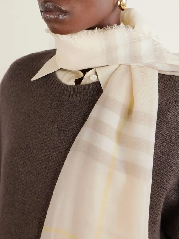 Burberry Frayed Checked Wool Scarf - Neutrals