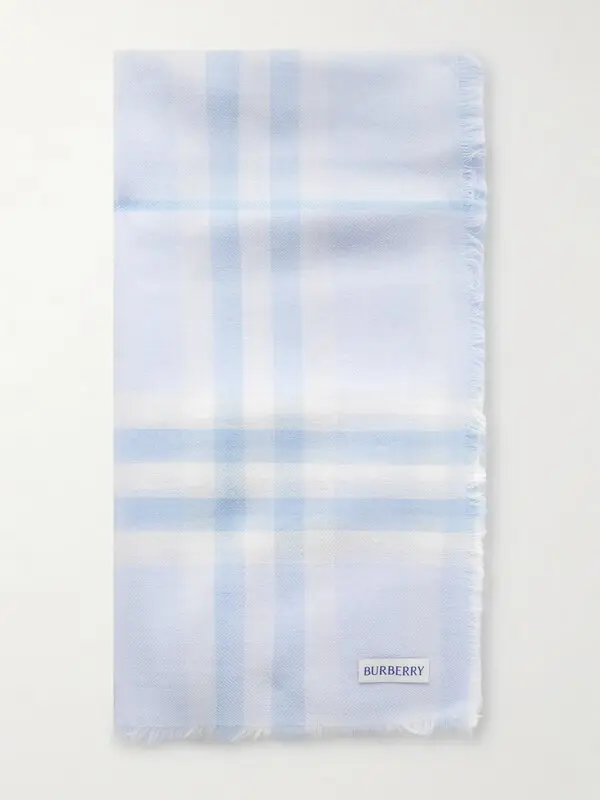 Burberry Frayed Checked Wool Scarf - Blue