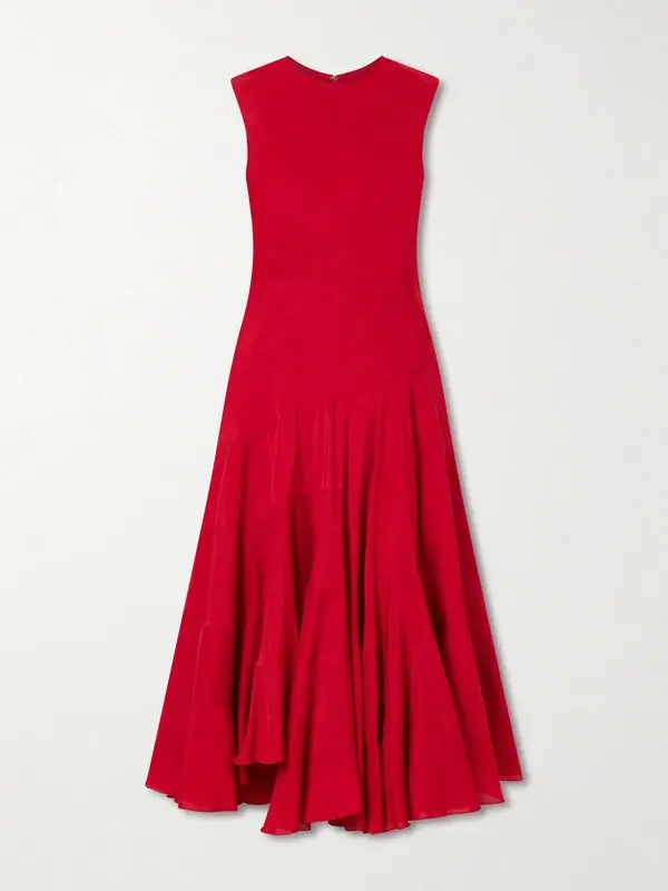 Tory Burch Asymmetric Paneled Cotton And Silk-blend Midi Dress - Red