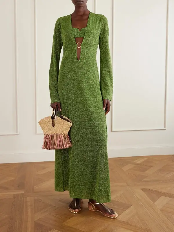 Oseree Lumière Metallic Stretch-knit Kaftan - Green