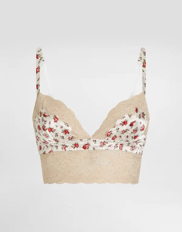Dolce & Gabbana Small Rose-print Satin And Lace Bra - Multicolor