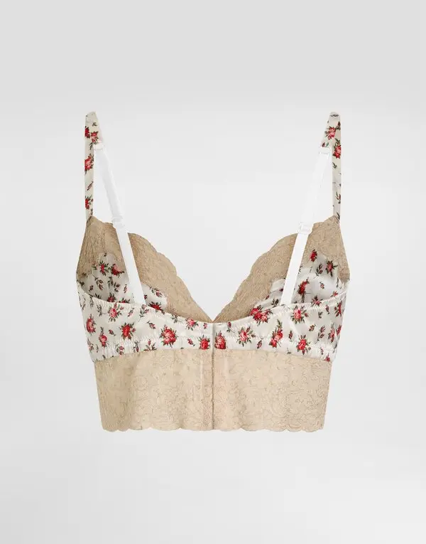 Dolce & Gabbana Small Rose-print Satin And Lace Bra