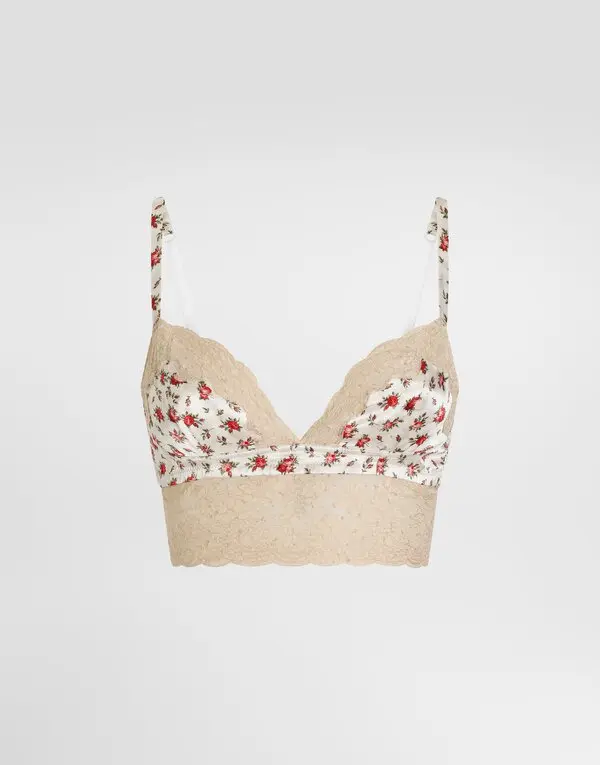Dolce & Gabbana Small Rose-print Satin And Lace Bra - Multicolor